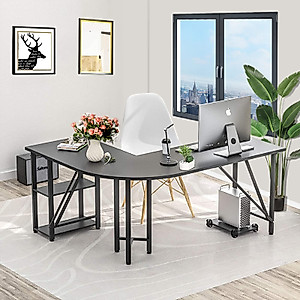 SHSYCER 60" L Shaped Desk with Coputer Tower Stand on 4 Wheels, Shelves, Rounded Corner - Reversible Office Desk with Storage Rack, Large Home Office Desk, L Desk for Home Office, Black