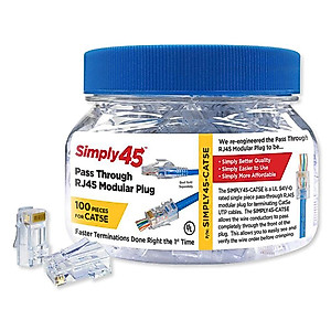 Simply45 Unshielded Pass-Through RJ45 Modular Plugs - 24AWG Solid for CAT5e UTP Cables and 28-26AWG Stranded - Light Blue Tint - 100 Piece Jar - S45-1500