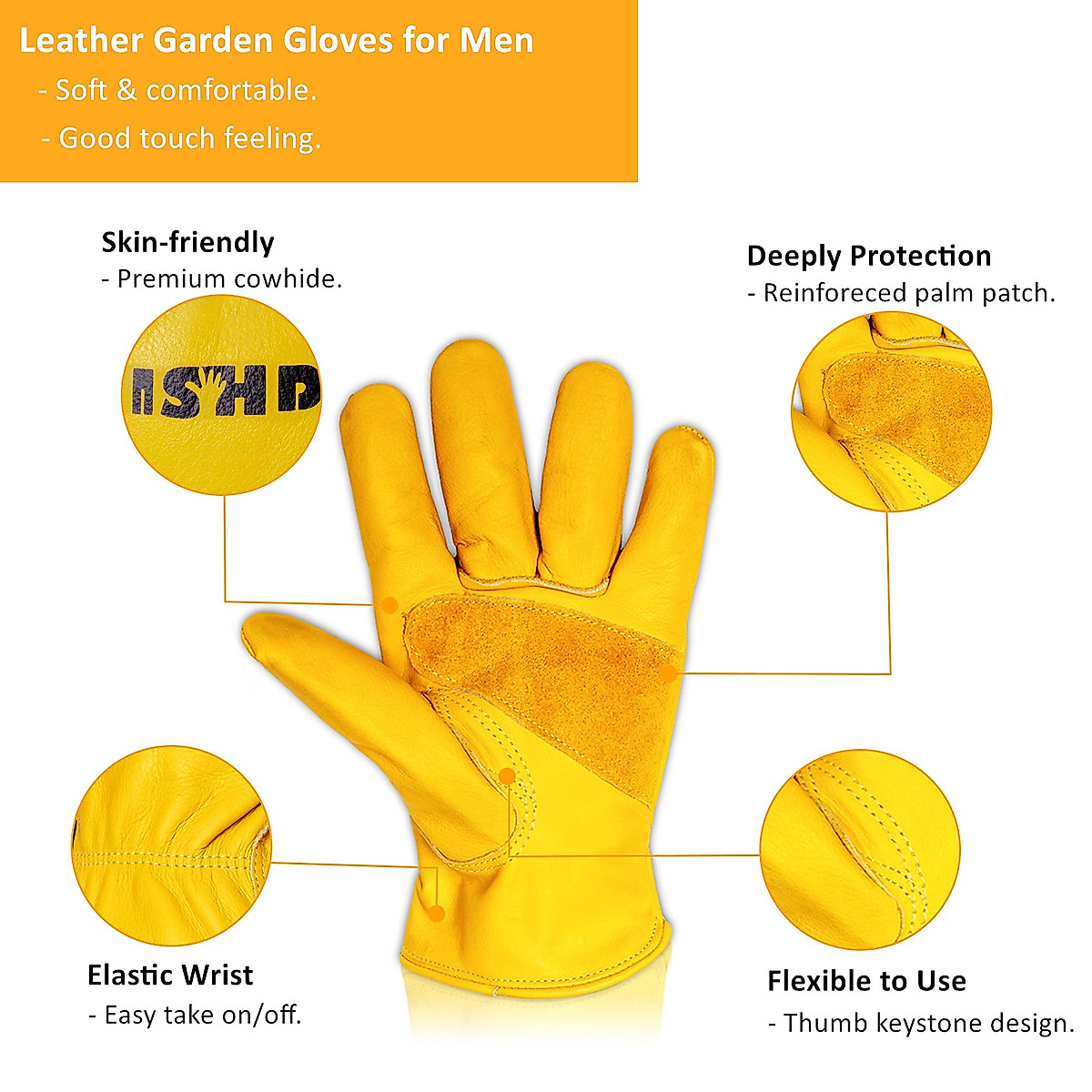 FEISHDEK Yellow Large Cowhide Thorn Proof Gardening Gloves for Men Safety Working Gloves with Durable Grip Reinforced Palm Patch