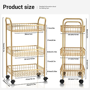 MNOPQ 3 Tier Rolling Utility Cart, Storage Trolley Service Cart with Wheels Easy Assembly for Kitchen, Living Room, Office, Salon, Gold