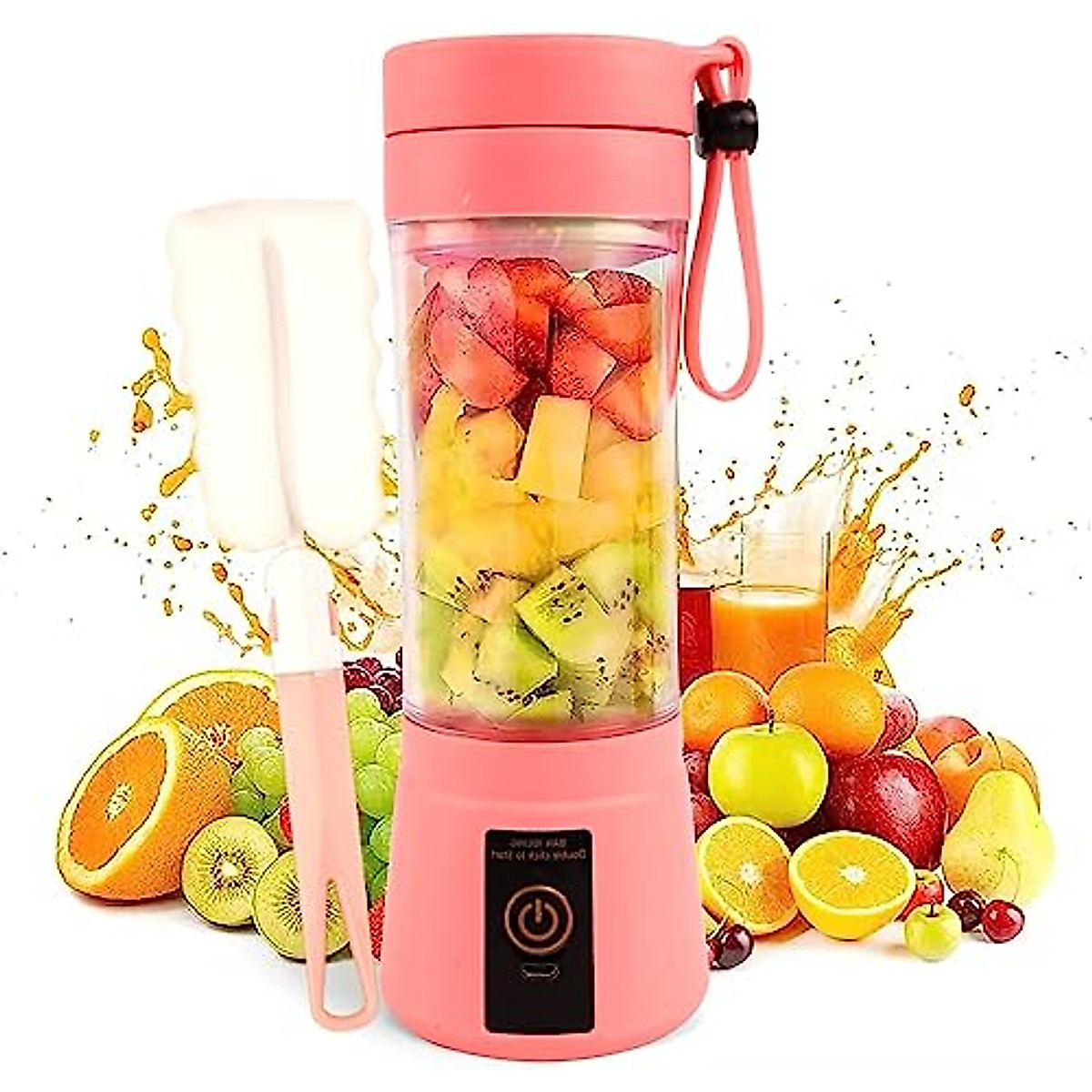 HERAVI'S Portable Blender with Brush, Rechargeable USB Blender, Smoothie Blender with 6 Blades Mini Blender for Kitchen, Home, Travel (Pink)