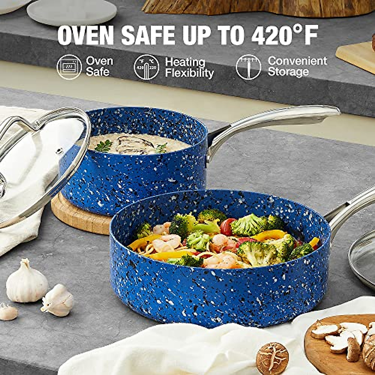 HLAFRG Nonstick Cookware Set Pots Pans and Cooking Utensils, 12 Piece Set, PFOA Free, Blue Granite