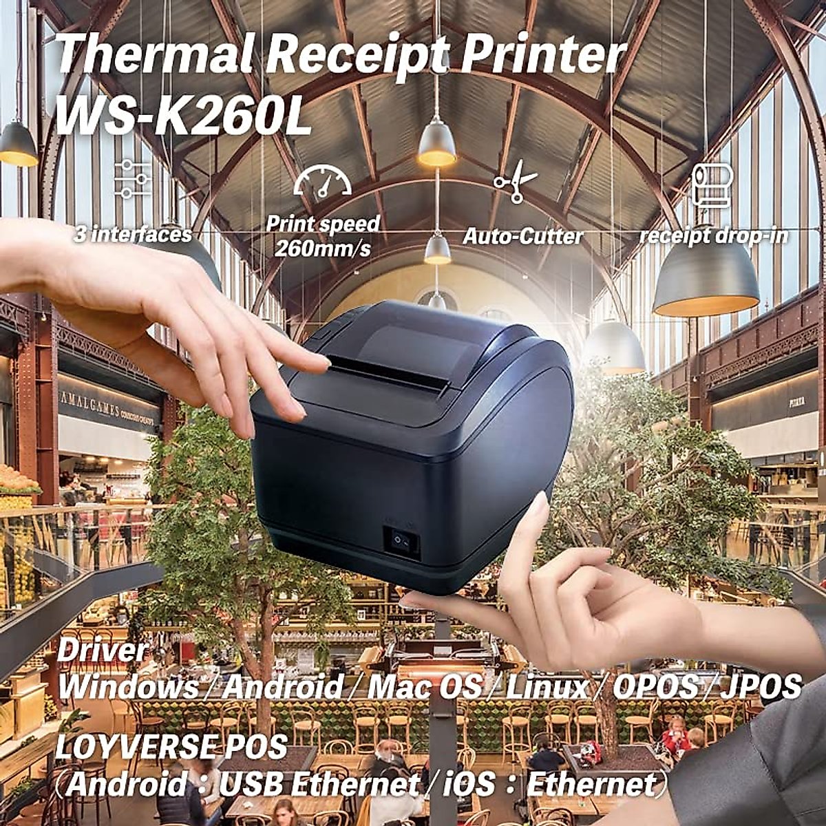 Thermal Receipt Printer, Washin WS-K260L, 80mm Receipt Printer with Auto Cutter and Support Cash Drawer, USB Ethernet Bluetooth, Windows MacOS Linux Android ESC/POS