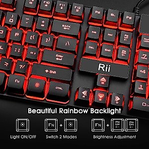 Rii RK100 3 Colors LED Backlit Mechanical Feeling USB Wired Multimedia Office Keyboard For Working or Primer Gaming,Office Device (Renewed)