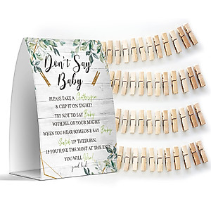 Don't Say Baby Set - One 5x7 Sign and 50 Mini Clothespins, Baby Shower Games, Baby Shower Decoration, Gender Neutral Baby Shower - MsJb036