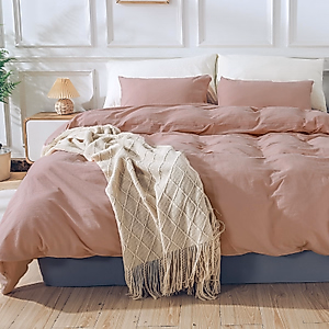 NEXHOME PRO Duvet Cover Set Queen Size Linen Feel Textured Organic Natural 100% Washed Cotton Duvet Cover 3 Pieces Bedding Set with Zipper Closure, Breathable, Soft, Pink (No Comforter)