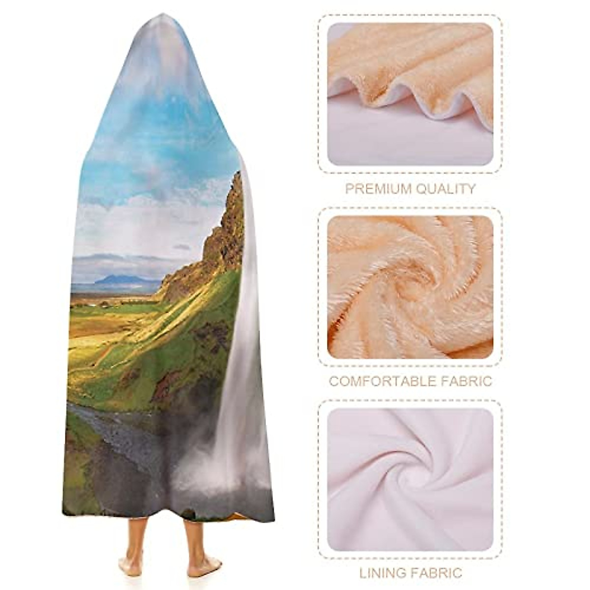 Hooded Blanket Poncho, Waterfall Women Men Hooded Blanket, Iceland Summer Wilderness, Soft Warm Cozy, 40 x 50inches, Studying Reading Snuggling Napping Office, Multicolor