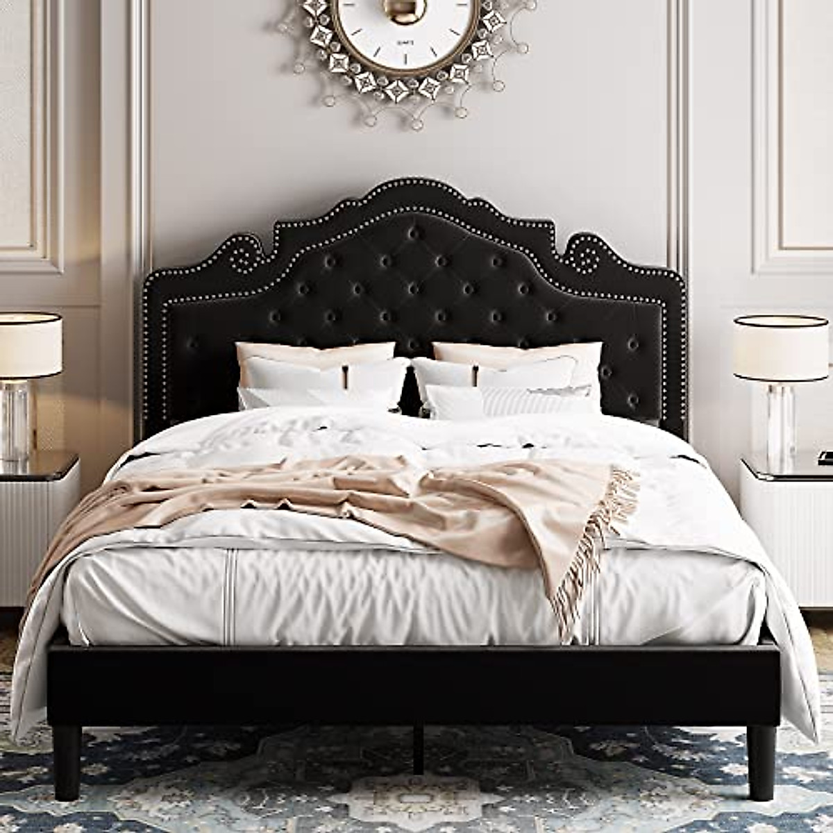 Allewie Full Size Bed Frame with Velvet Tiara Headboard, Upholstered Diamond Button Tufted Platform Bed, Sturdy Wood Slats Support, No Box Spring Needed, Black