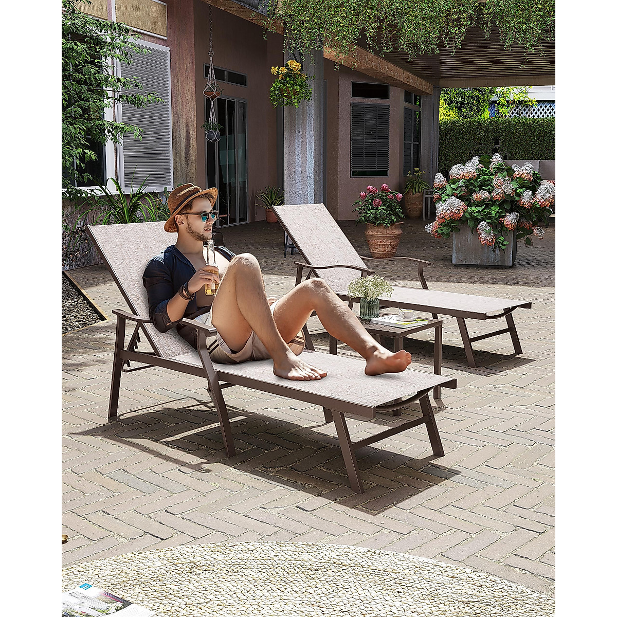 Crestlive Products Aluminum Chaise Lounge Set of 3,Patio Lounge Chairs Five-Position and Full Flat Outdoor Recliner All Weather for Patio, Beach, Yard, Pool (3PCS Beige)