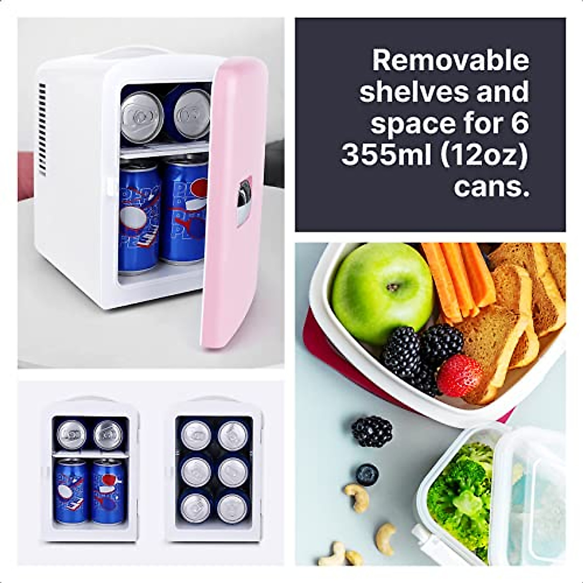 Living Enrichment Mini Fridge Chilling and Warming, AC/DC Power Portable Refrigerator, 4L 6 Cans Capacity, for Skincare, Foods, Medications, Milk, Home and Travel Pink White