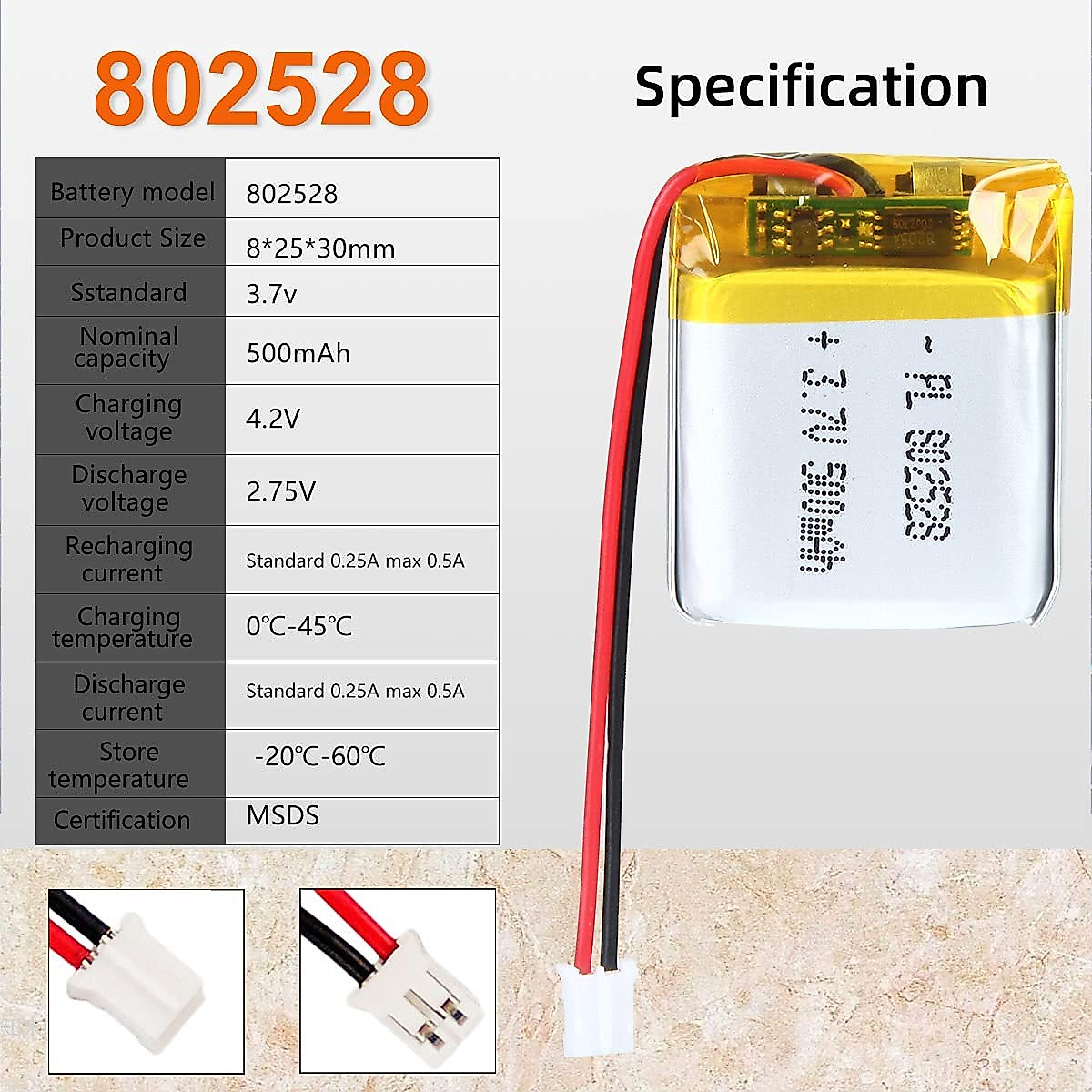YDL 3.7V 480mAh 802528 Lipo Battery Rechargeable Lithium Polymer ion Battery Pack with PH2.0mm JST Connector