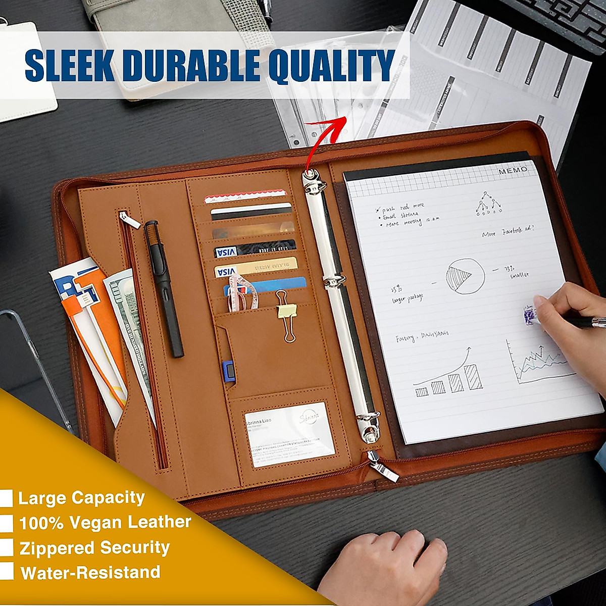 Linaxbong Padfolio Portfolio Business Binders—3 Ring Binders，Secure Zippered Closure，Resume padfolio Business Organizer—Pu Leather Padfolio Portfolio Binders for Men & Women (Brown)