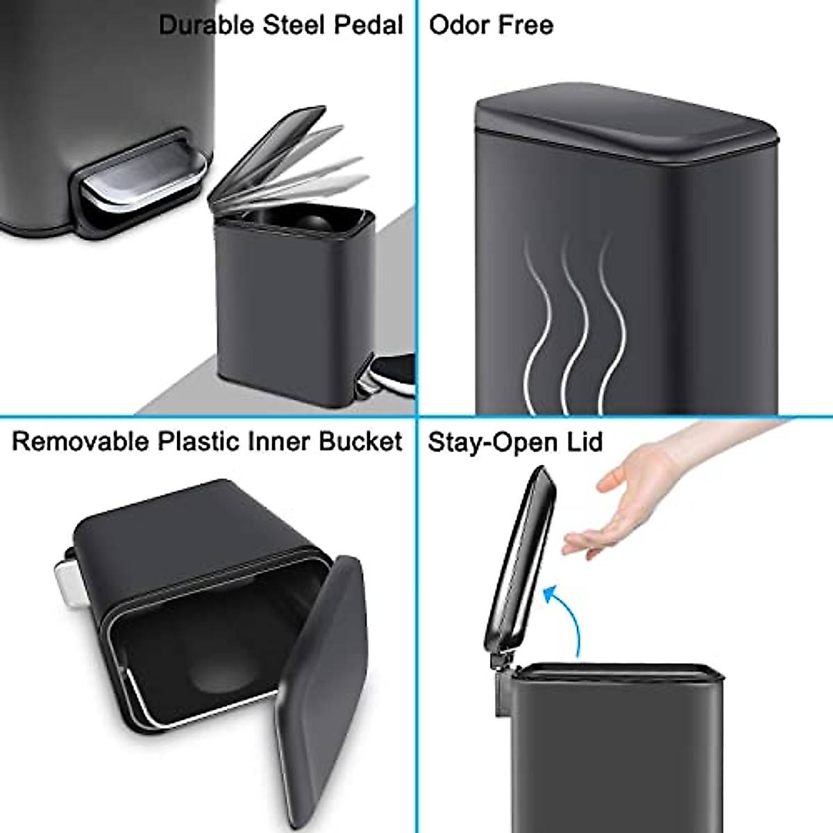 H+LUX Small Trash Can with Soft Close Lid,Garbage Can with Removable Inner Wastebasket, Rectangular Trash Can for Bathroom Bedroom Office, Anti-Fingerprint Matt Finish, 5L/1.3Gal, Light Gray