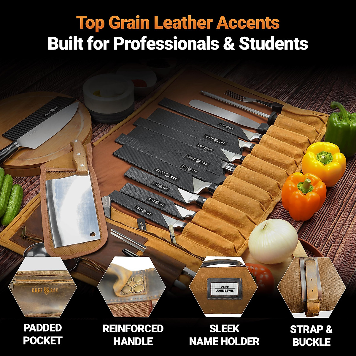 Chef Knife Roll Bag | 16oz ULTRA Wax Canvas & Top Grain Leather | 22 Slots & 4 Zipper Pouch | Double Stitch | Water-Resistant | Cleaver Pouch | Knife Organizer for Chefs and Culinary Students