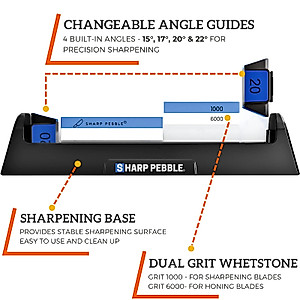 Sharp Pebble Knife Sharpening Stone Kit-Grit 1000/6000 Wet Stone-Built In Angle Guides 15/17/20/22 Degrees- Professional Whetstone Knife Sharpener Stone Set with Plastic Base