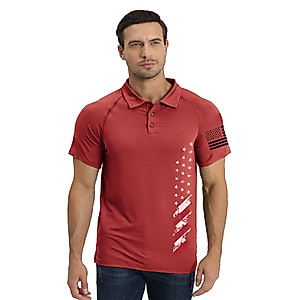 H HYFOL Short Sleeve Polo Shirts for Men Graphic Stretch Casual American Patriotic Raglan Golf Polos for Men(Phenanthrene Red,XL)