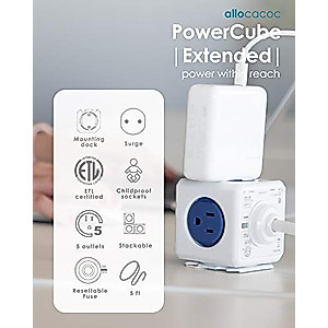 Allocacoc, PowerCube |Extended|, 5 outlets, 5 feet cable, Mounting dock, Surge Protection, Childproof Sockets, ETL Certified (Blue)