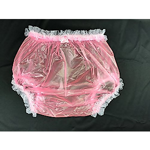Haian Adult Incontinence Pull-on Plastic Pants Lace Panties with White Lace (Large, Transparent Pink)
