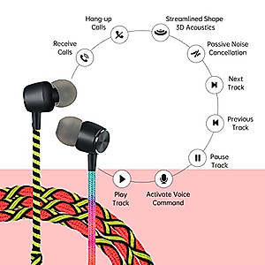 URIZONS Colorful Pretty in-Ear Earbuds Headphones - 3.5mm with Microphone for iPhone iPad iPod Mac Laptop Tablets Android Smartphones Fabric Braided Gaming  Bohemian Headset for Kids (Rainbow)