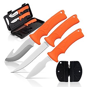 Maxam 5-Piece Fixed Blade Knife Set - Stainless Steel Dressing Tools - 8.75" Skinning Knife, 8.75" Caping Knife, 10.5" Boning Knife, Storage Case, Double-Sided Sharpener