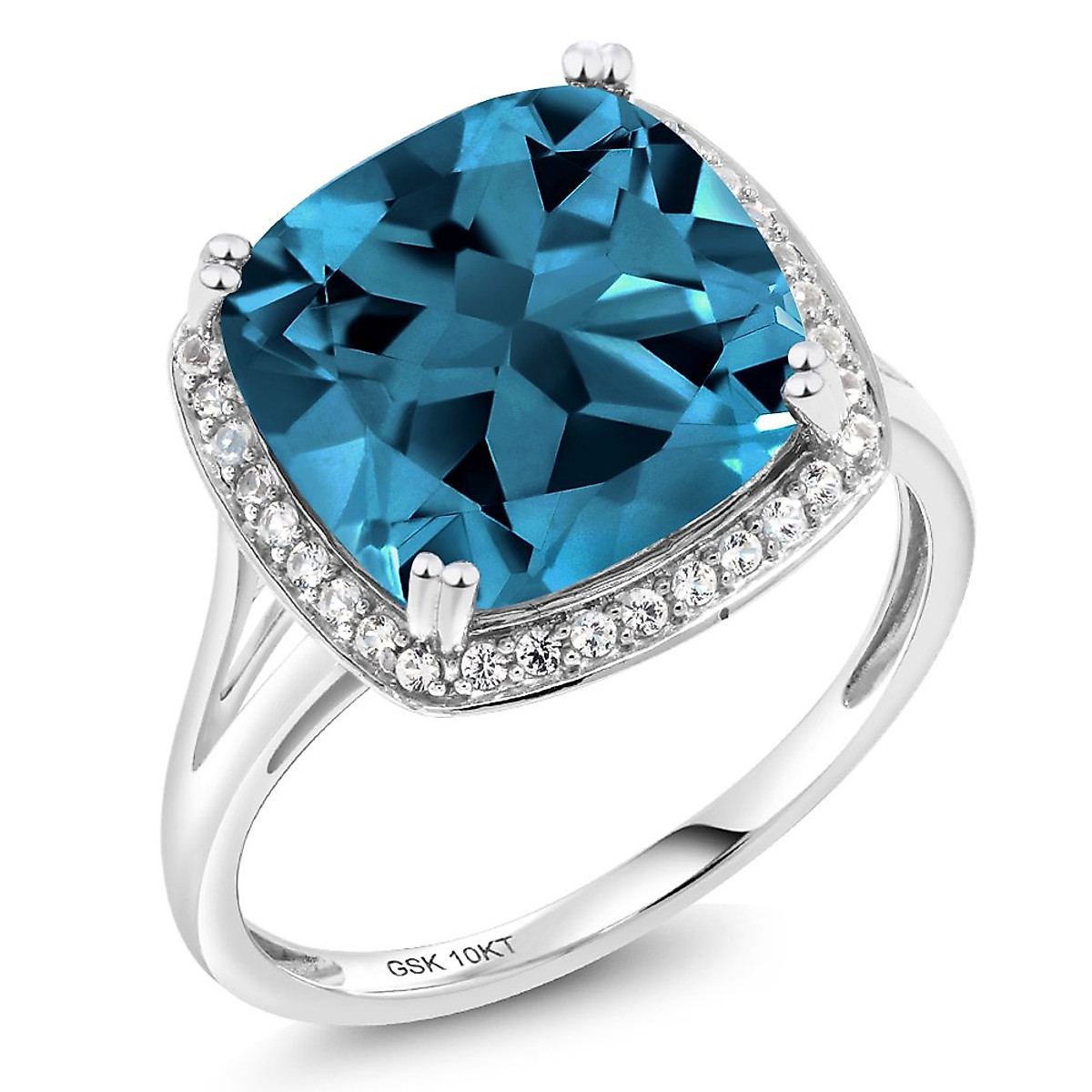 Gem Stone King 10K White Gold London Blue Topaz and White Created Sapphire Engagement Ring For Women (8.54 Cttw, Cushion 12MM, December's Gemstone Birthstone, Available In Size 5,6,7,8,9)