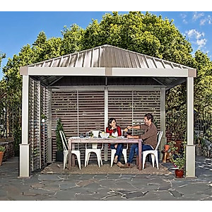 Sojag 12' x 12' Nanda Hardtop Gazebo Outdoor Weather-Resistant Aluminum Frame Shelter with Mosquito Net Champagne