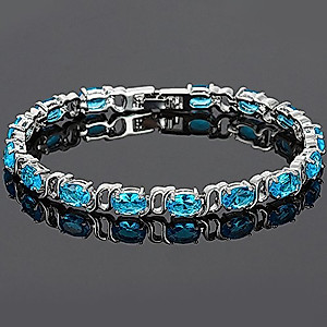 RIZILIA Tennis Bracelet & Oval Cut CZ [Simulated Aquamarine] in White Gold Plated, 7"