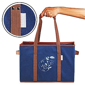 Liviable Reusable Grocery Shopping Bags, Foldable, Heavy Duty Tote, Box Bags with Long Handles and Solid Bottom, Large - Set of 3, Navy Blue