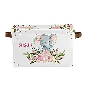 Personalized Pink Floral Elephant Storage Bin with Name Waterproof Canvas Organizer Bin with Handles for Gift Baskets Book Bag (1 Pack)