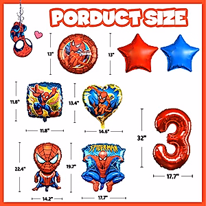 Spiderman Birthday Party Supplies,8PCS Spiderman Foil Balloons,Birthday Party Decorations for Children 3th Birthday Party (Red-3th)