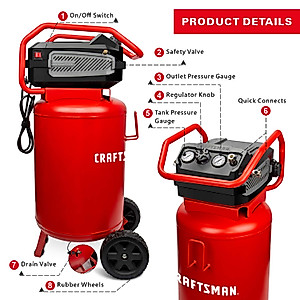 Craftsman Air Compressor, 20 Gallon Oil-Free 1.8 HP Max 175 PSI Pressure Two Quick Couplers Big Capacity, Red- CMXECXA0232043