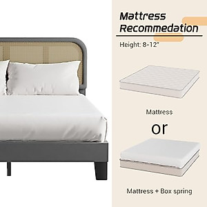 Lifezone Queen Bed Frame with Adjustable Rattan Headboard, Queen Size Bed Frame with Wood Slats Support, Safe Rounded Corner Design, Linen Fabric, High Feet, No Box Spring Needed, Light Grey