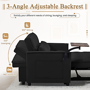 Velvet Sleeper Sofa Bed with Side Table, 3-in-1 Pull Out Loveseat with Adjustable Backrest, Modern Futon Couch with 2 Pockets and Pillows, Convertible Small Love Seat for Living Room, Bedroom, Black