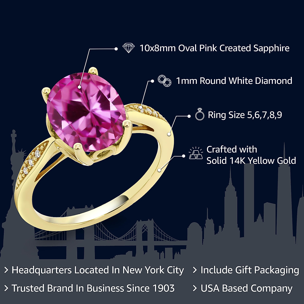 Gem Stone King 14K Yellow Gold 10X8MM Oval Gemstone Birthstone and White Diamond Engagement Ring | Wedding Anniversary Promise Gold Ring For Women | Size 5,6,7,8,9