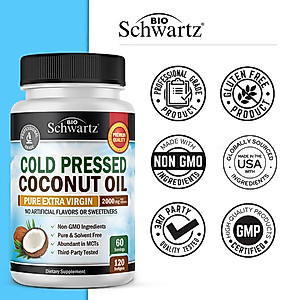 Coconut Oil Capsules 2000mg - Organic Pure Extra Virgin Unrefined Cold Pressed MCT Rich & Non-GMO for Healthy Skin Nails Hair Growth Support Bloating Anti Aging Digestion - 120ct (2 Month Supply)