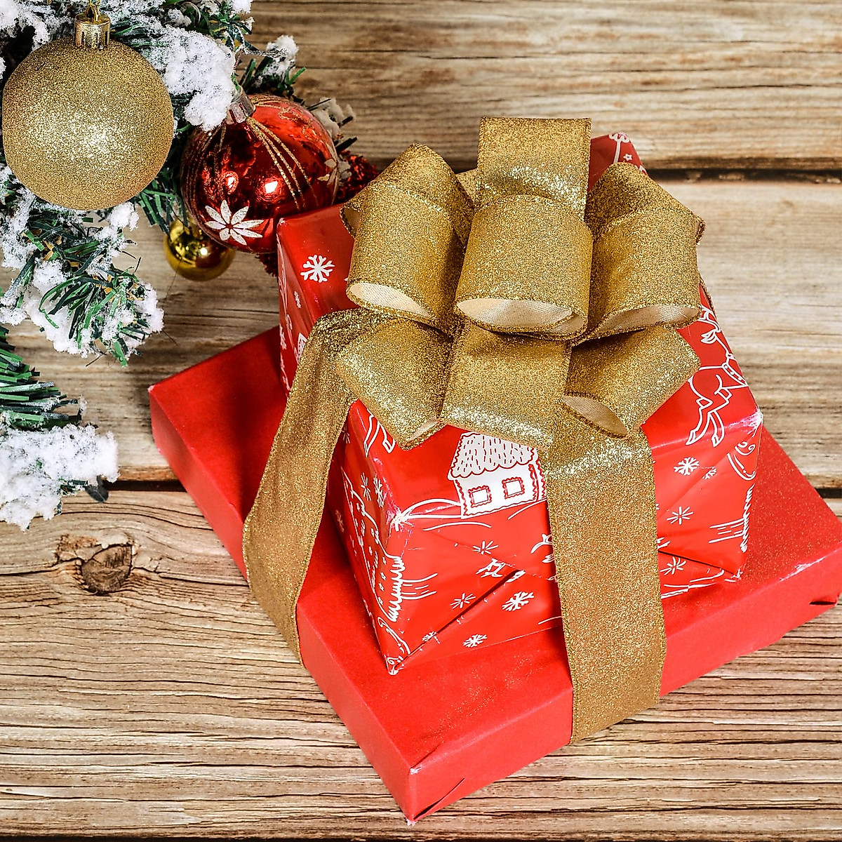 YAMA Glitter Wired Ribbon, Gold, 2-1/2 inch x 20 Yards, for Christmas, Gift Wrapping, Wreath, Crafts, Bow Making and Party Decoration