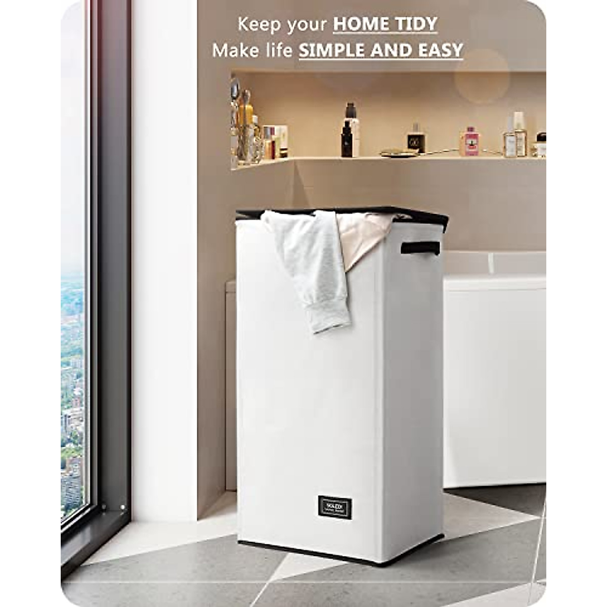 SOLEDI Laundry Hamper with Lid - 100L XL - Large Laundry Basket with Removable Bag, Collapsible Laundry Baskets, Convenient Storage - Hampers for Laundry for Bedroom, Bathroom, Closet, Dorm, Off-White