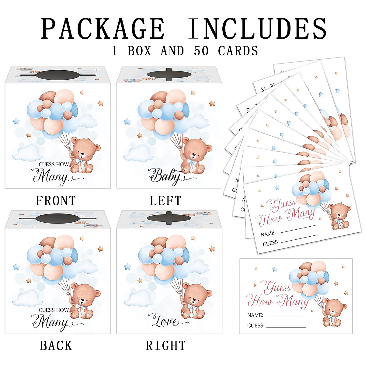 Azbuk Blue balloons Bear Baby Shower Game Cards with Box, Guess How Many, Baby Shower Game with Box and 50 Guessing Cards, Baby Shower Decorations for Boy and Girl