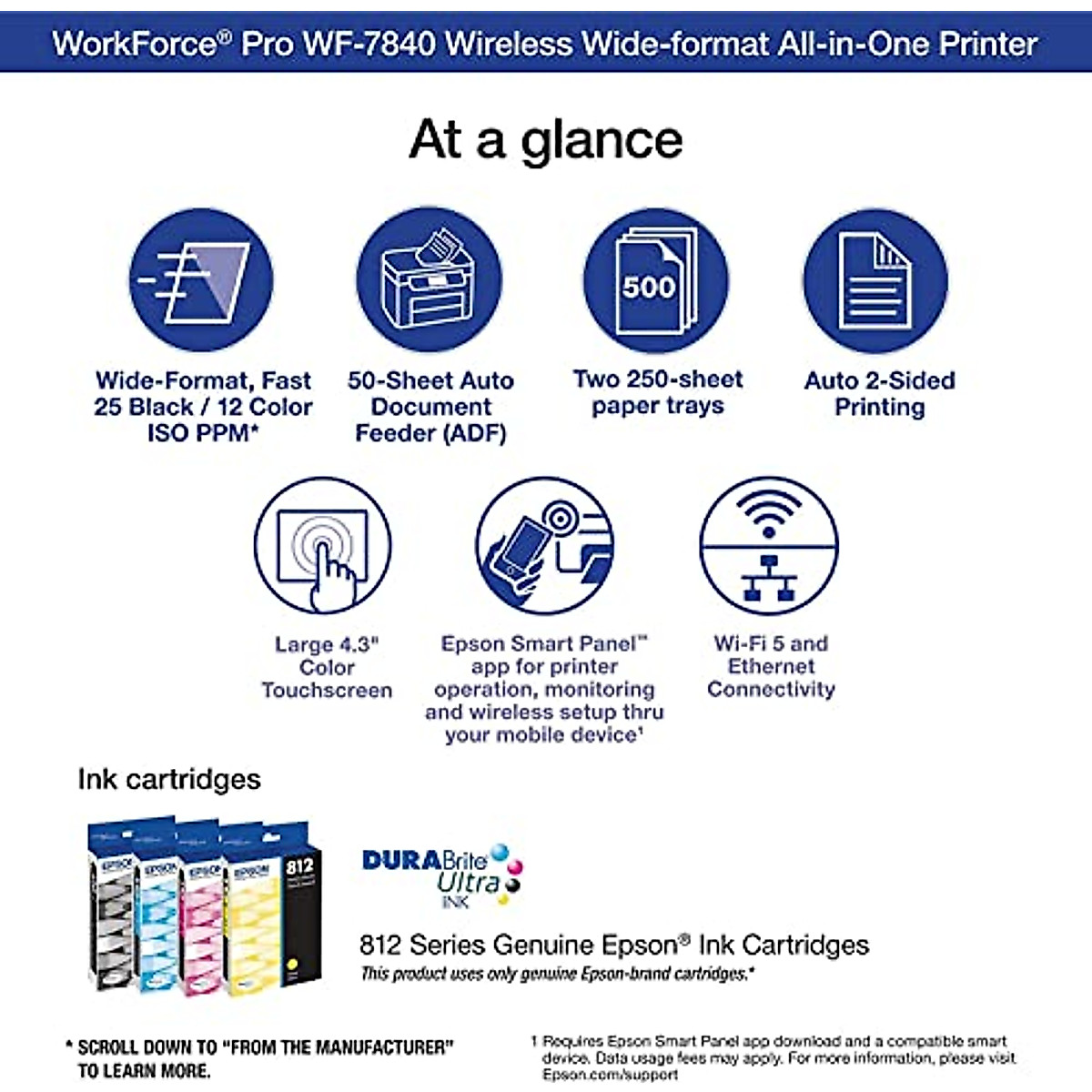 Epson Workforce Pro WF-7840 Wide-Format All-in-One Wireless Color Inkjet Printer, Black - Print Scan Copy Fax - 4.3" LCD, 25 ppm, 4800x2400 dpi, 13"x19", 50-Sheet ADF, Auto 2-Sided Printing, Ethernet