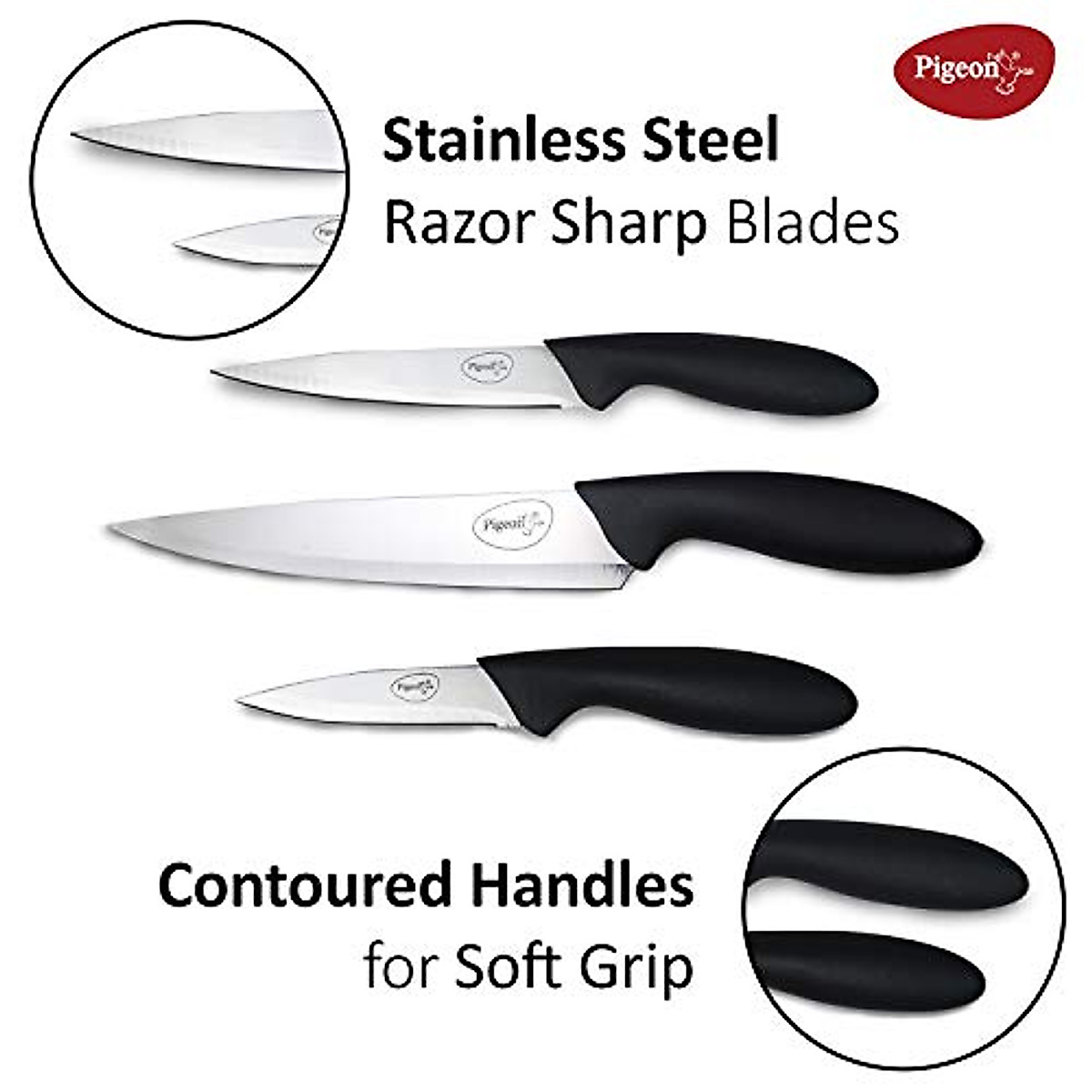 Pigeon 3-Piece Knife Set with Contoured Handle, Utility, Paring & Chef's Knife Set for Kitchen, Razor-Sharp Stainless Steel Blades, Lightweight, Dishwasher Safe, Ideal For Meat, Veggies, Herbs & Nuts