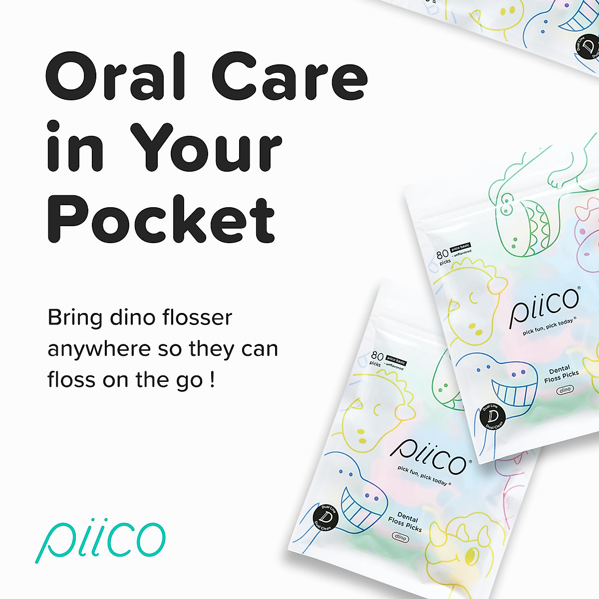 Piico Unflavored Kids Floss - No Fluoride Dual Line Dental Floss Picks - Fun Oral Care in Colorful Floss Sticks Design - Kids Flossers Avoid Tooth Decay & Gum Disease - 80 Count Dino
