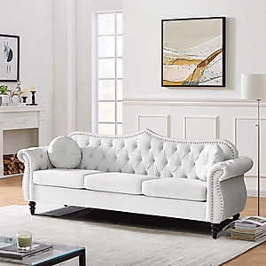 3 Seater Chesterfield Sofa Velvet for Living Room, Modern Tufted Velvet Couch 3 Seater with Scroll Arms and Nailhead, Chesterfield Velvet Sofa, Roll Arm Classic Chesterfield Settee Couches (White)