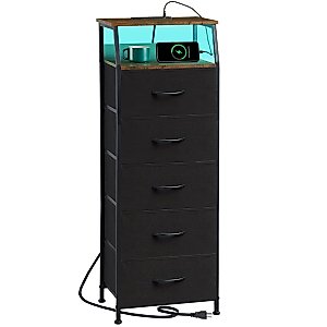 Somdot Black Nightstand with Charging Station and LED Light for Bedroom, Tall 5 Drawers Dresser with Fabric Bins for Bedside Laundry Closet Entryway Hallway, Black Rustic Brown