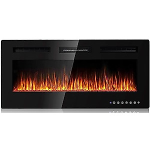 MEPTY 36" Electric Fireplace, Recessed and Wall Mounted Fireplace Insert, Fireplace Heater and Linear Fireplace with Remote Control, Timer, Adjustable Flame Color & Speed, Log Set & Crystal, Black
