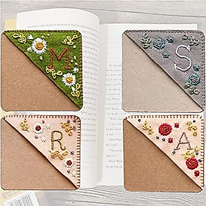 Personalized Hand Embroidered Corner Bookmark，Hand Stitched Felt Corner Bookmark,Cute Flower Letter Embroidery Bookmarks for Book Reading Lovers Meaningful Gift（4 PCS）