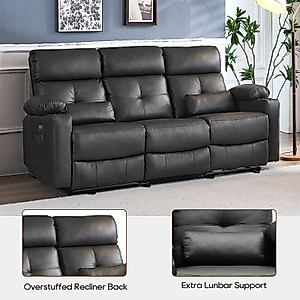 Consofa Power Reclining Sofa with Heat and Massage, Power Reclining Couch with Extended Footrest, Recliner Sofa 3 Seater with USB Ports & Cup Holders for Living Room, Home Theater Seating