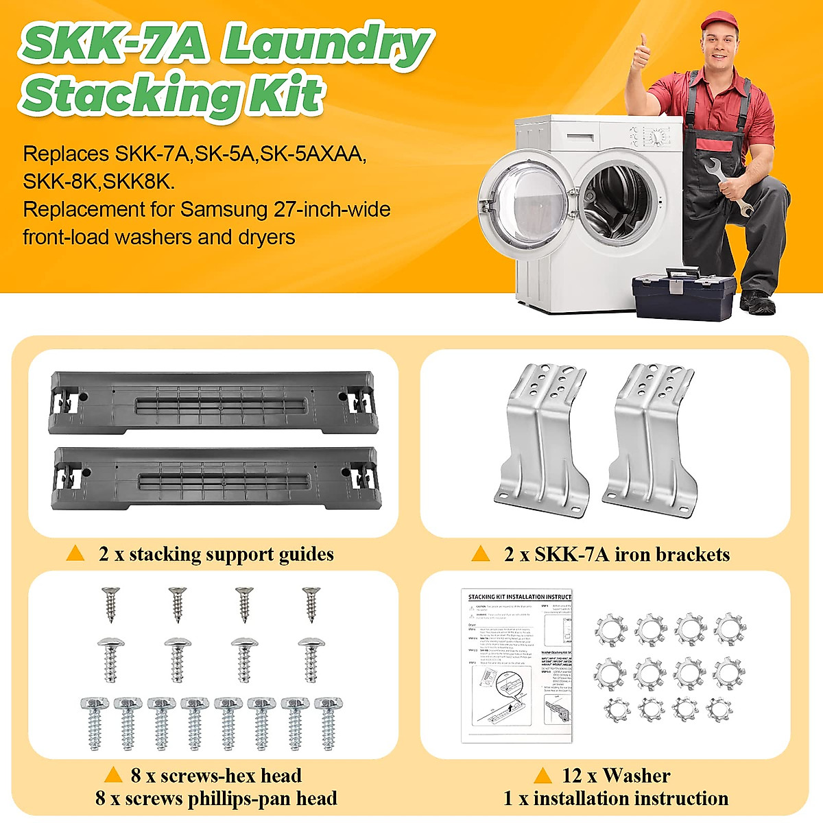 2024 UPGRADED SKK-7A SKK8K Stacking Kit Fit for Samsung Washer & Dryer 27 Inch Front Load Laundry by Techecook - Replace for SKK-7A SK-5A SK-5AXAA SKK-8K SKK8K