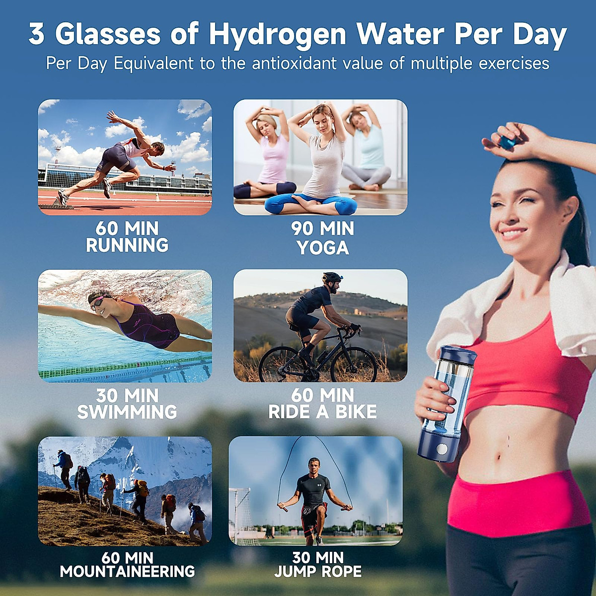 Hydrogen Water Bottle, 3 in 1 Hydrogen Water Bottle Generator, 2300 PPB Electrolysis Water Ionizer with SPE/PEM Technology, Hydrogen Water Machine for Women Men Office School Bike Running, CA-303C