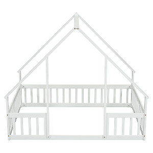 Luckiofvonne House Bed for Kids, Full Size Floor Bed with Fence Rails, Wood Montessori Bed Frame for Girls Boys Teens, White