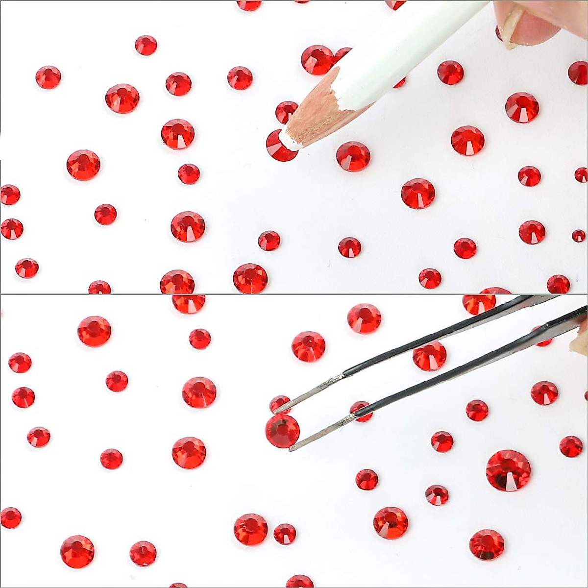 OUTUXED 5040pcs Red Flatback Rhinestones for Crafting, Crystal Round Gems for Nail Art DIY Crafts Halloween Clothes Bags, 6 Mixed Size Hotfix Rhinestones with Tweezers and Picking Rhinestones Pen